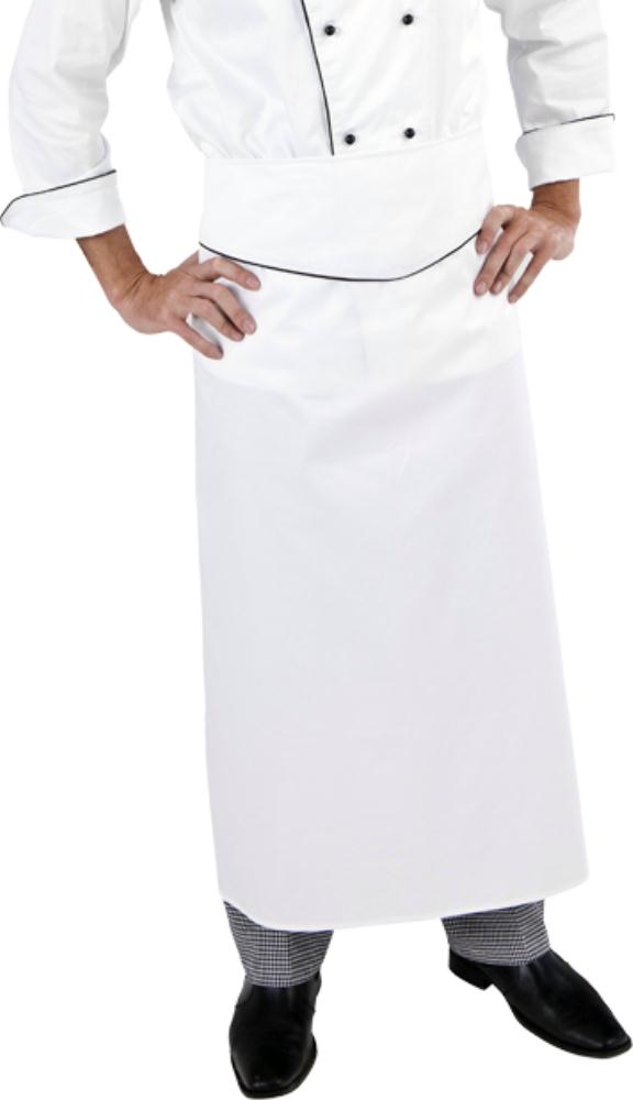 Extra Long White Executive Chef Waist Apron (Blue Trim) | Global Chef